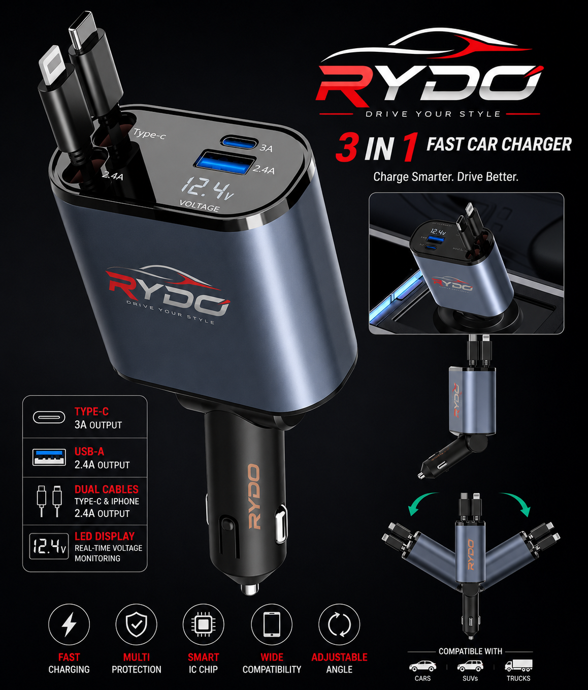 3-in-1 Fast Car Charger with Type-C & Lightning Cable | LED Voltage Di ...